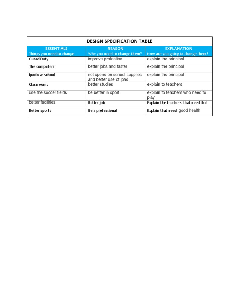 Design Specification Table | PDF | Sports & Recreation