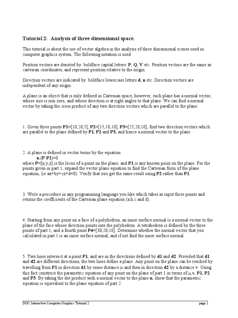 Tutorial 2 Analysis Of Three Dimensional Space Doc Interactive Computer Graphics Tutorial 2