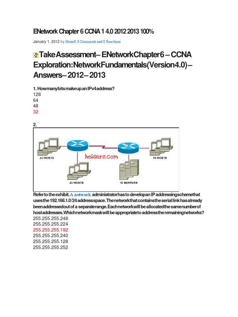 Take Assessment - Enetwork Chapter 6 - Ccna Exploration: Network Fundamentals (Version 4.0 ...