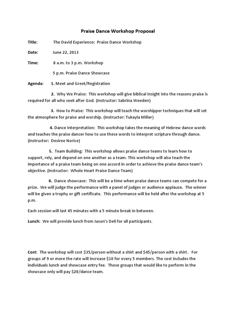 Praise Dance Workshop Proposal | PDF | Dances | Fee