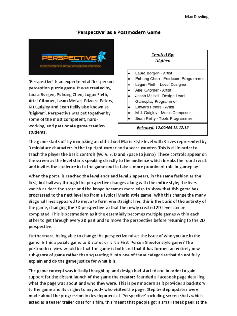 Perspective' As A Postmodern Game: Created By: Digipen | PDF | Video ...