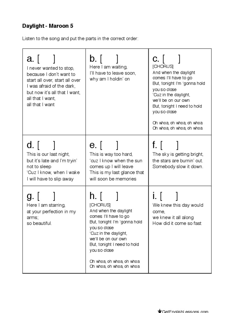 Daylight Lyrics Order Activity | PDF