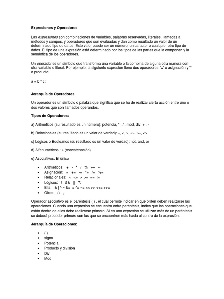 Expresiones y Operadores | PDF | Puntero (Programación de computadora) | C