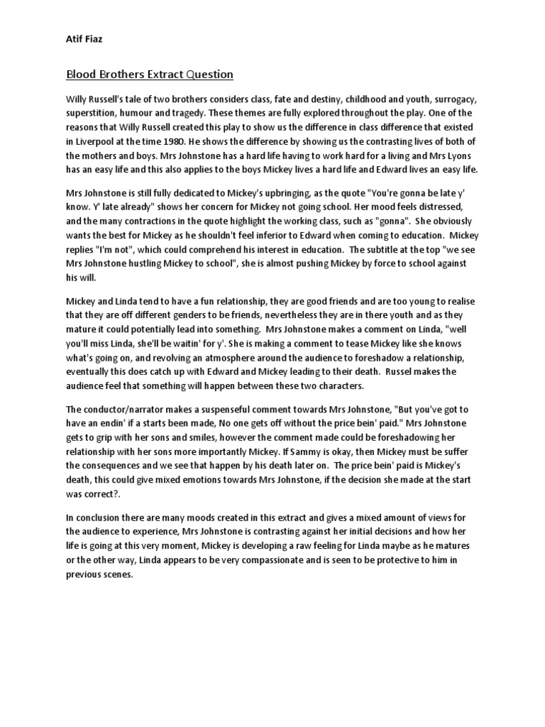 Blood Brothers Extract Question: Atif Fiaz | PDF