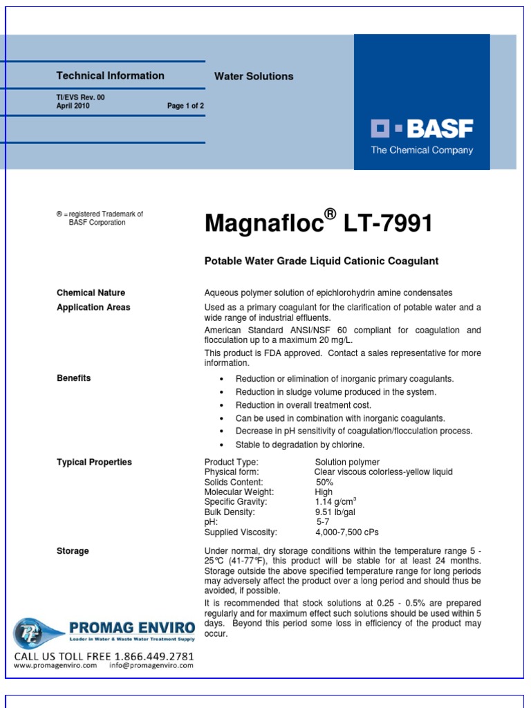 Chemicals Zetag DATA Organic Coagulants Magnafloc LT 7991 - 0410 | PDF ...