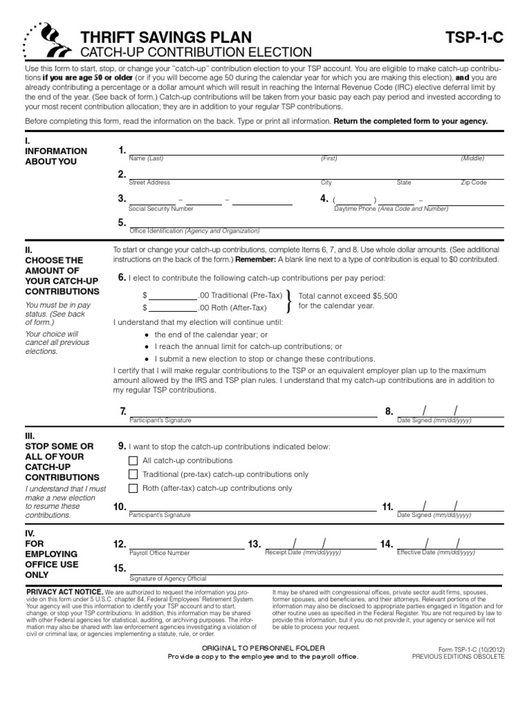 Thrift Savings Plan TSP-1-C: Catch-Up Contribution Election | PDF ...
