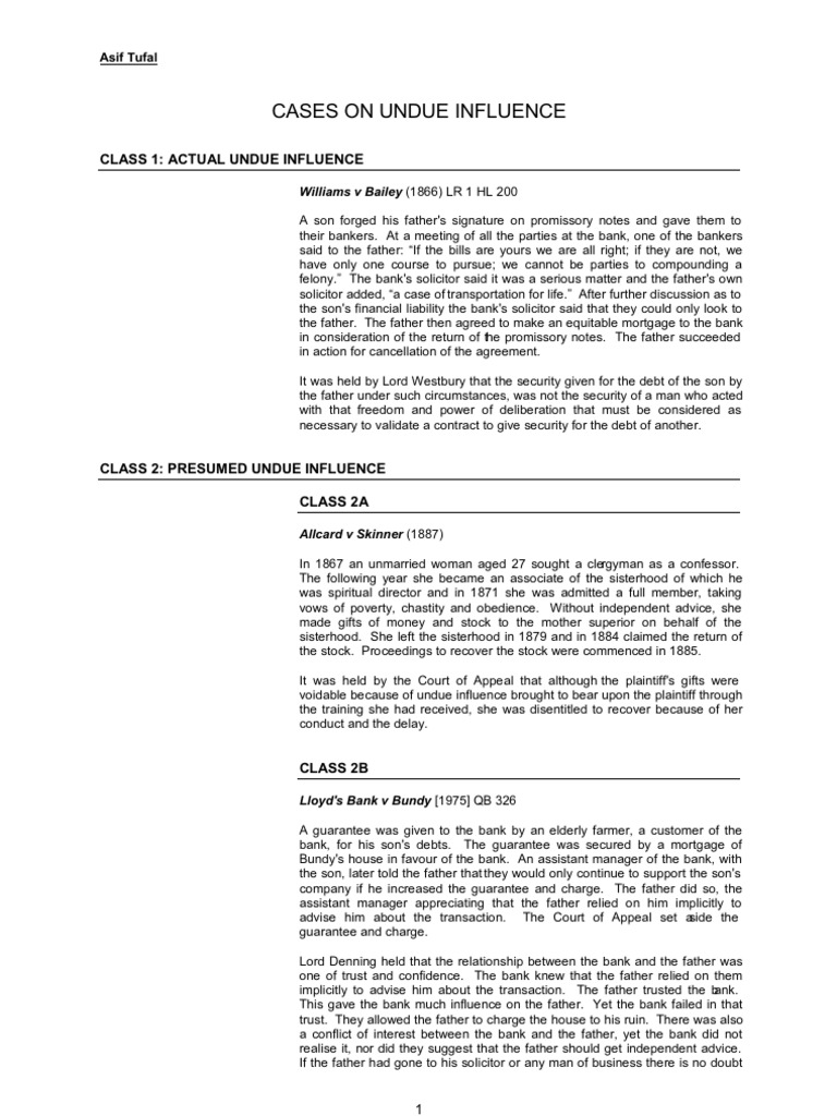 Undue Influence Cases | PDF | Guarantee | Law Of Obligations