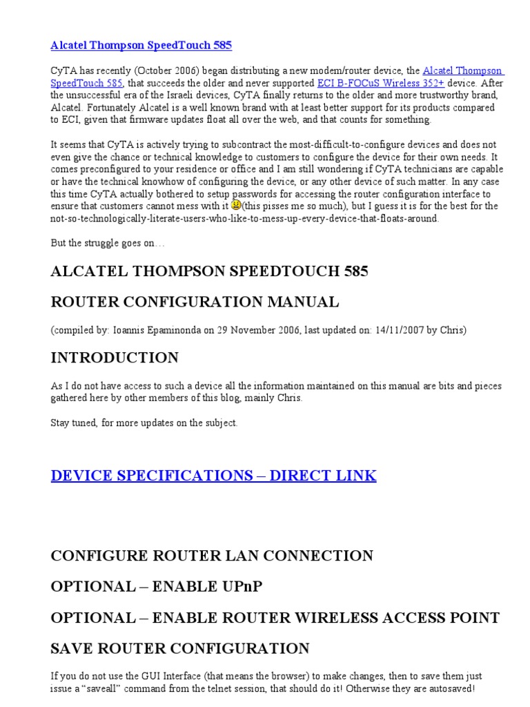 Alcatel Thompson SpeedTouch 585 | PDF | Ip Address | Router (Computing)