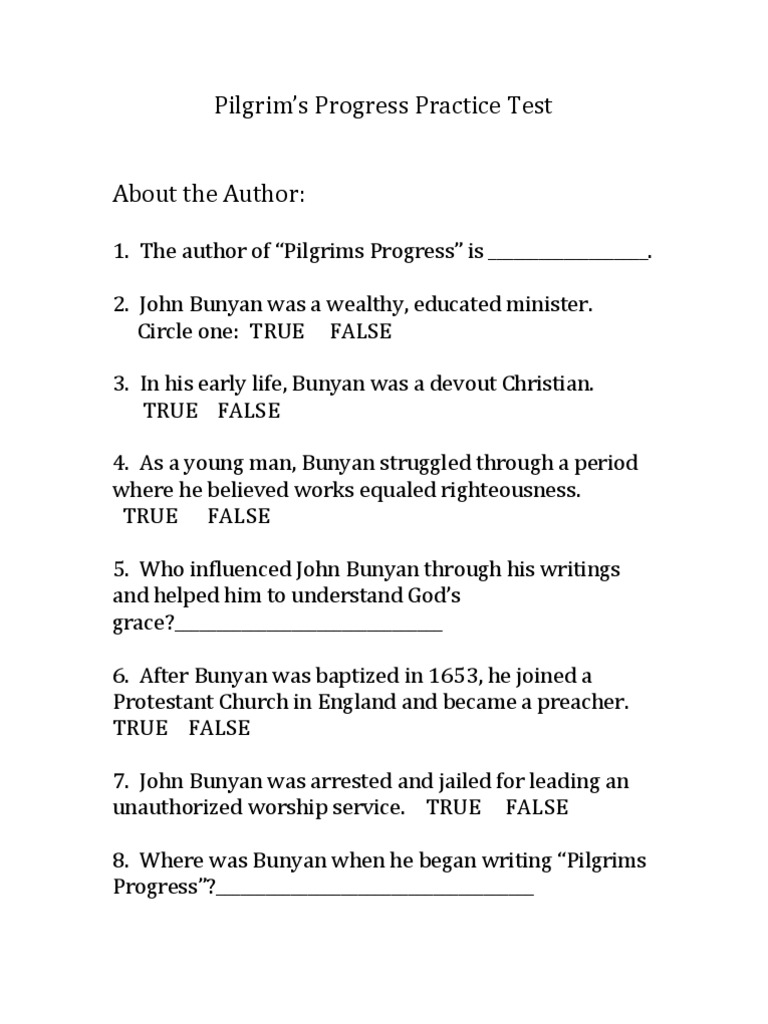 Pilgrim’s Progress Practice Test | The Pilgrim's Progress | John Bunyan