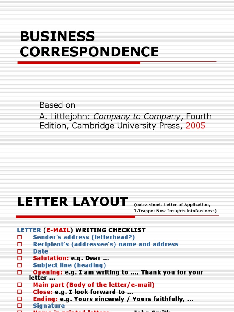 Business Correspondence: Based On A. Littlejohn: Company To Company ...