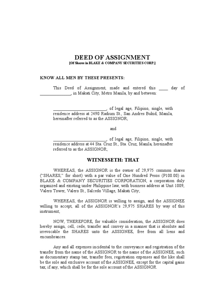 Deed of Assignment-Stock | PDF | Assignment (Law) | Deed