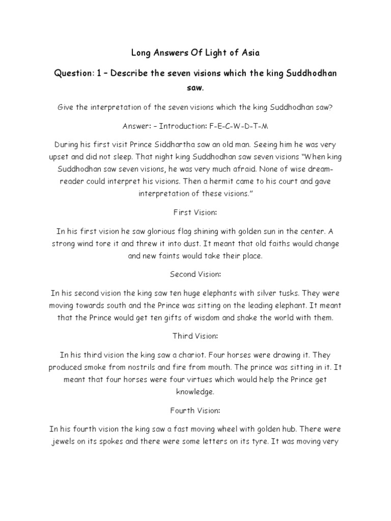 Long Answers of Light of Asia | PDF | Gautama Buddha | Religion And Belief