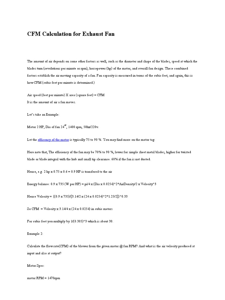 CFM Calculation For Exhaust Fan | PDF | Horsepower | Mechanical Engineering
