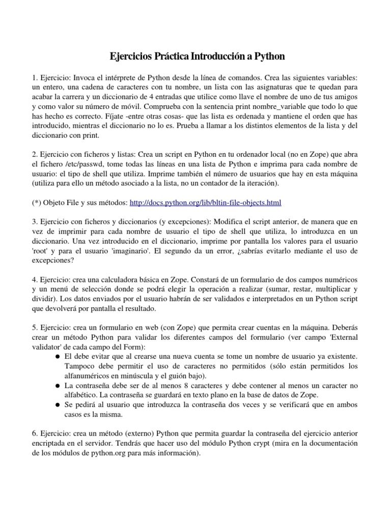 Ejercicios Intro Python PDF | PDF | Contraseña | Python (lenguaje de ... Ejercicios Intro Python PDF | PDF | Contraseña | Python (lenguaje de ...