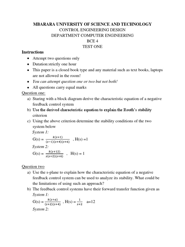 Control Engineering Test One PDF | PDF | Stability Theory | Control Theory