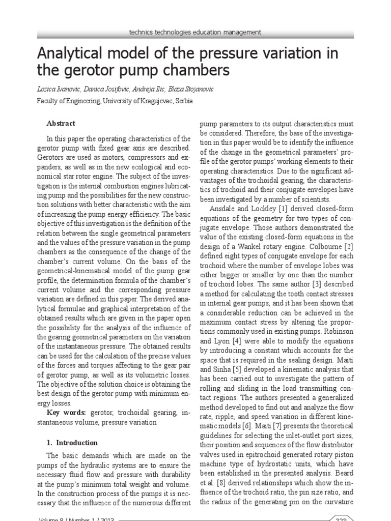 Analytical Model of The Pressure Variation in The Gerotor Pump Chambers ...