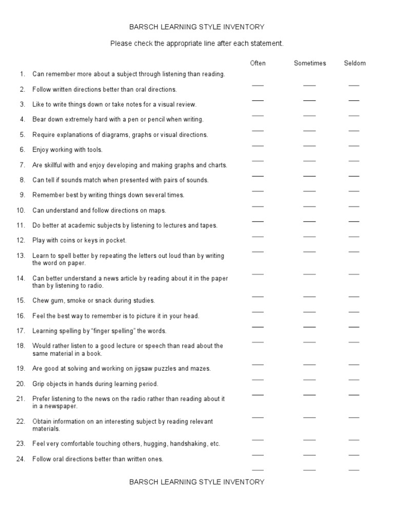 Barsch Learning Style Inventory | PDF | Applied Psychology | Cognitive Science