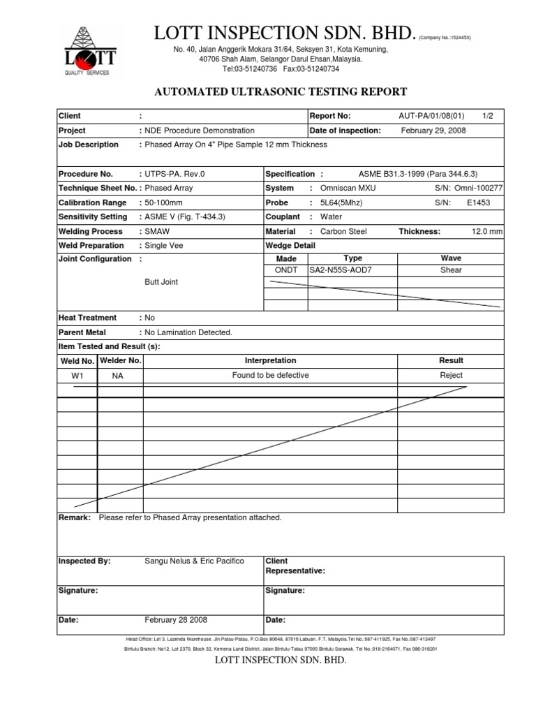 Automated Ultrasonic Report Sample PHASE ARRAY | PDF | Welding | Construction