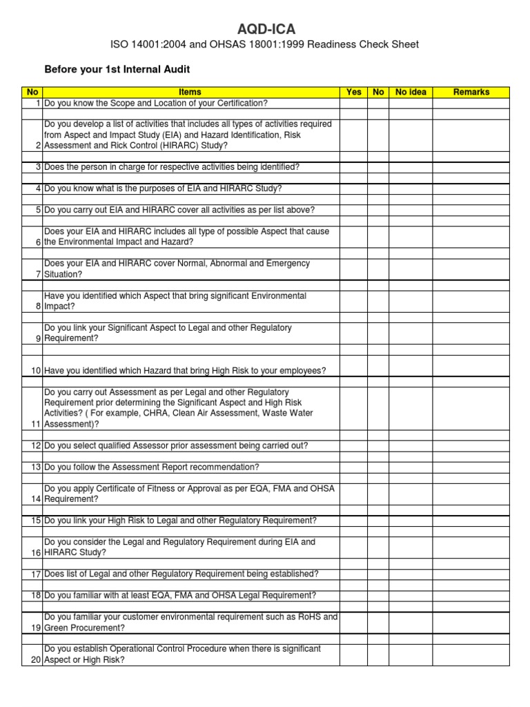 ISO14K and OHSAS 18K Readiness Checklist | PDF | Environmental Impact ...