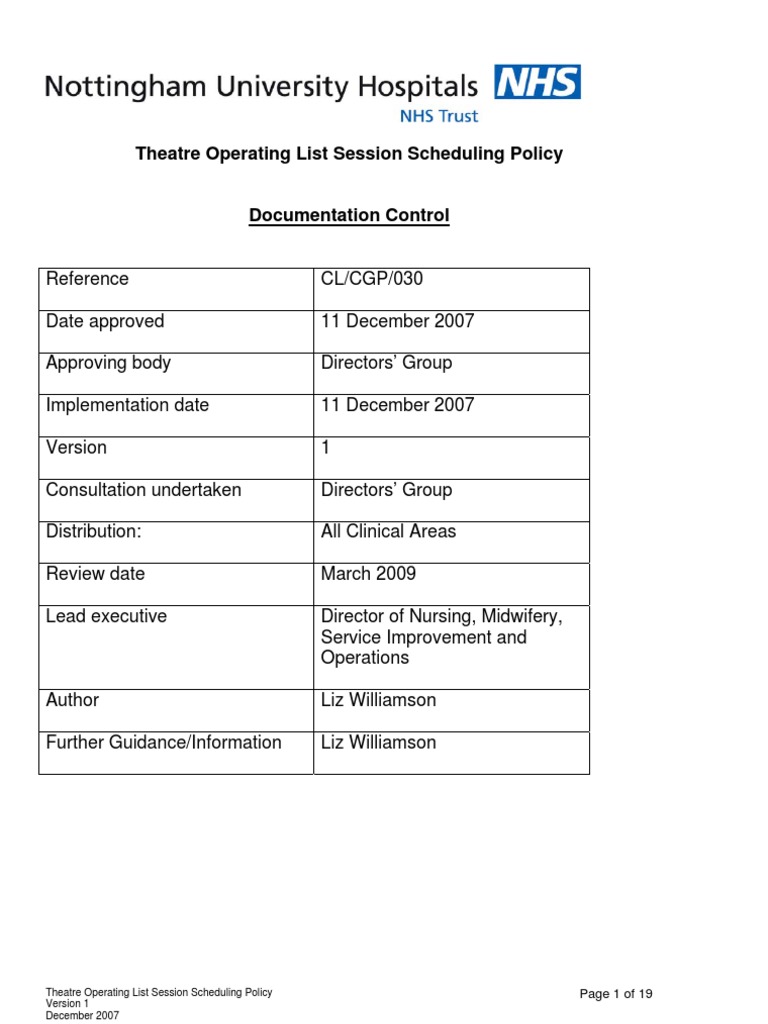 Theatre Operating List Scheduling Policy | PDF | Surgery | Patient