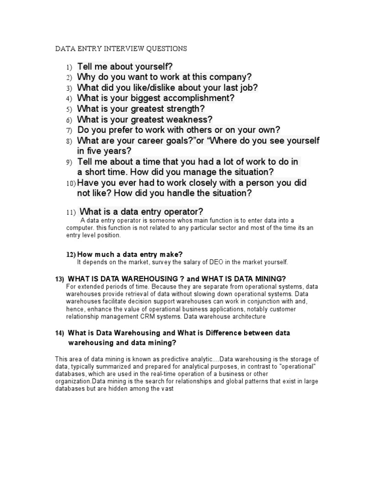 Data Entry Interview Questions | PDF | Data Warehouse | Customer Relationship Management