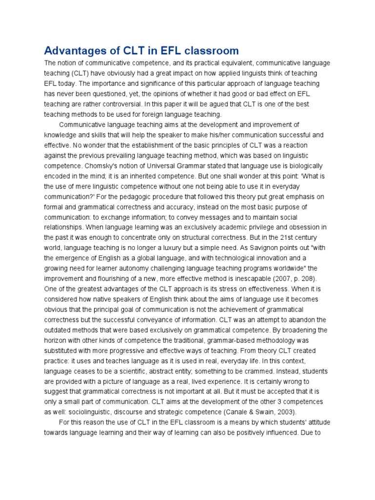 Advantages of CLT in EFL Classroom | PDF | Language Education | English ...