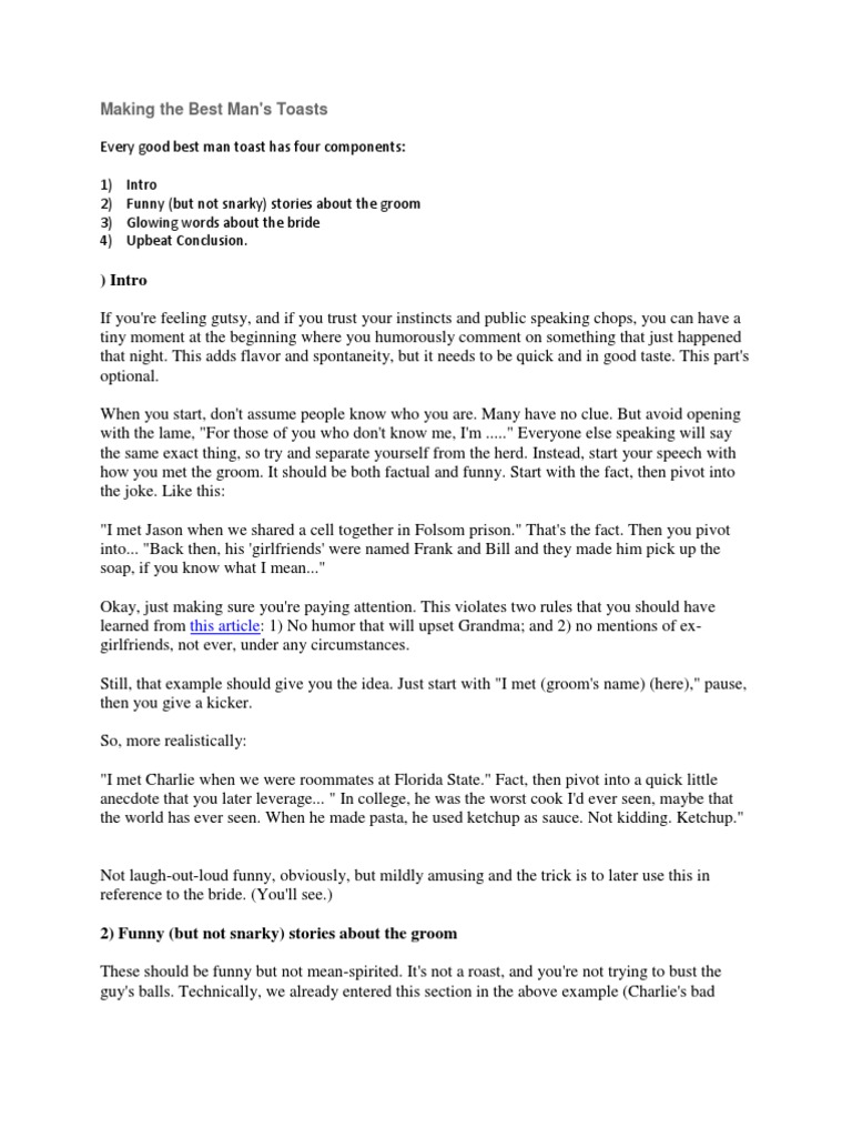 Sample Best Man's Toasts | PDF | Groomsman | Bridesmaid