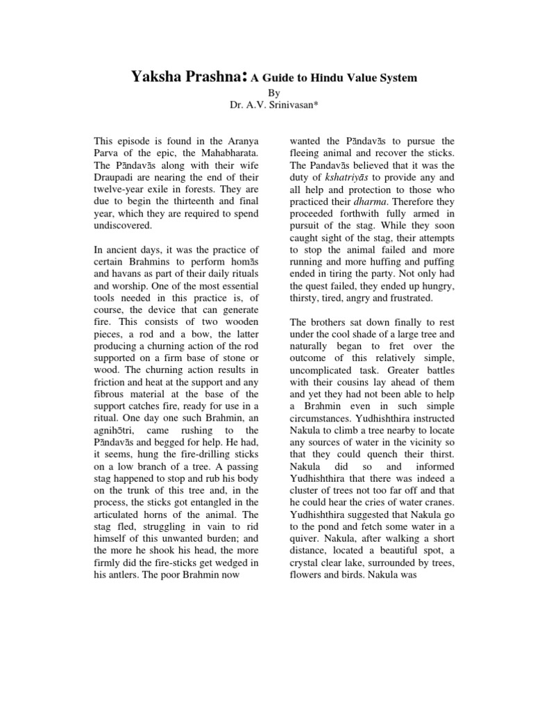 A Hindu Primer: YAKSHA PRASHNA | PDF | Mahabharata | Hindu Mythology