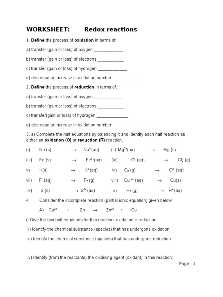 Redox Worksheet | Download Free PDF | Redox | Chemical Elements