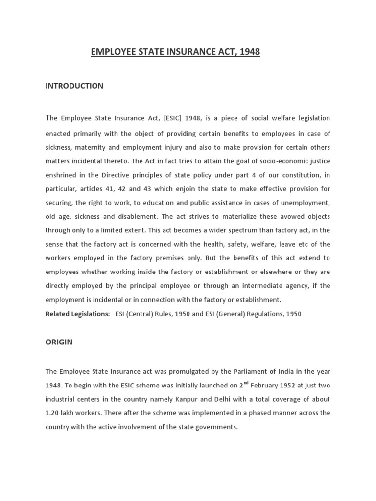 Employee State Insurance Act, 1948: Related Legislations: ESI (Central ...