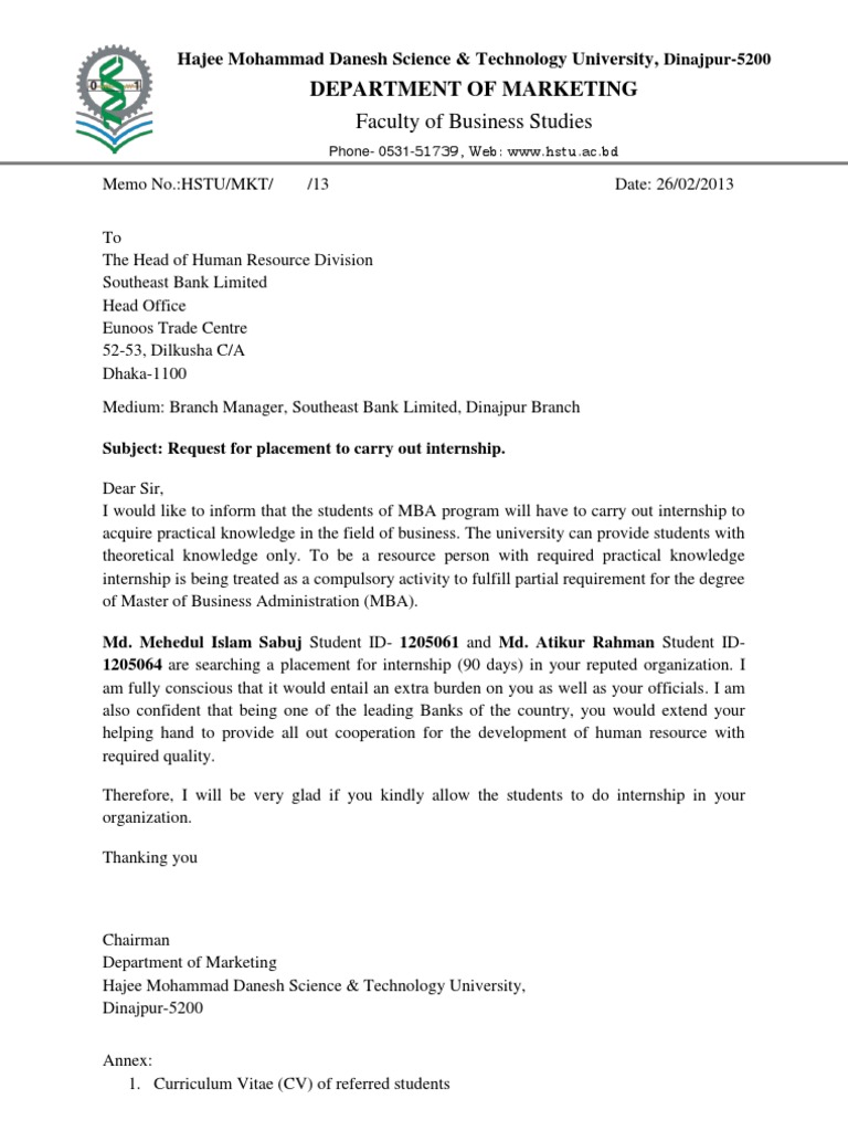 Internship Placement Request Letter | PDF | Career & Growth