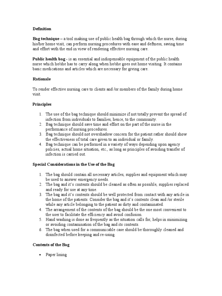 Bag Technique | PDF | Hand Washing | Nursing