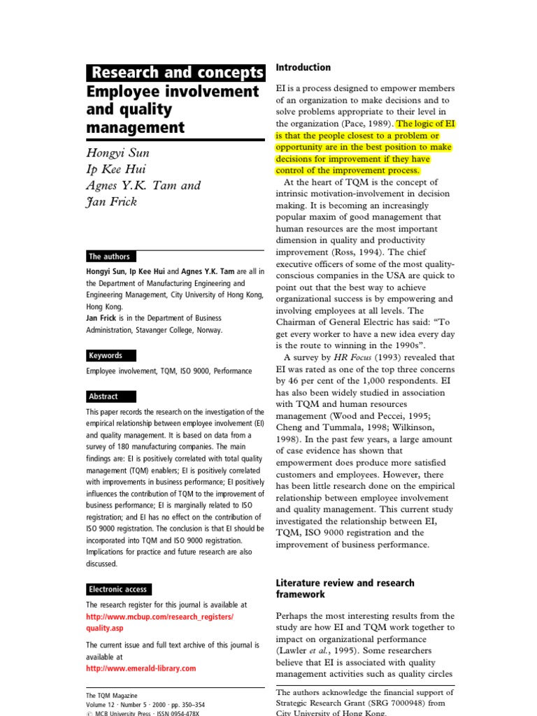 Employee Involvement and Quality Management | PDF | Iso 9000 | Quality ...