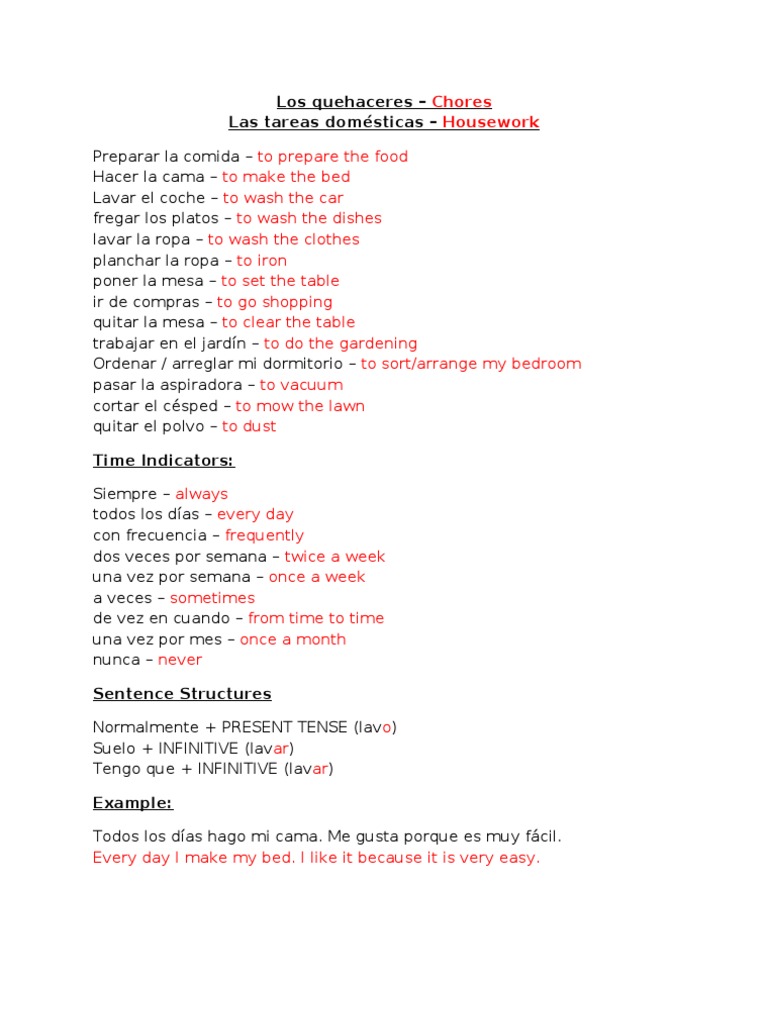 Vocabulario de quehaceres en español e inglés | PDF
