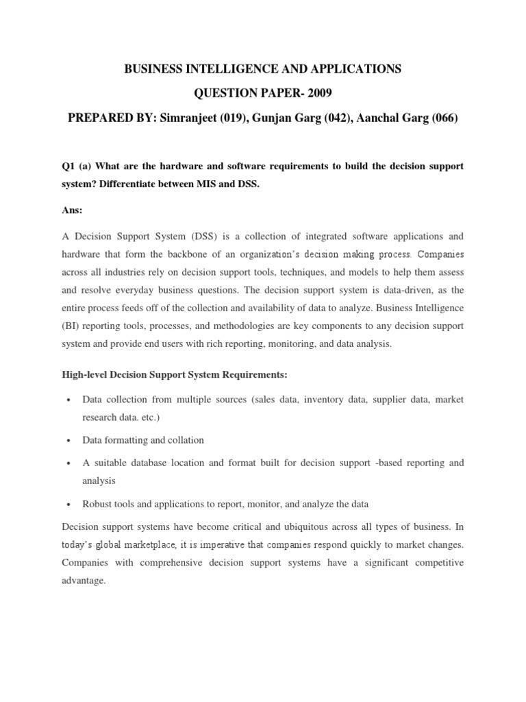Business Intelligence and Applications Question Paper-2009 PREPARED BY ...