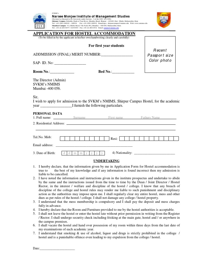 Hostel Admission Form Shirpur Campus | PDF | Hostel | Affidavit