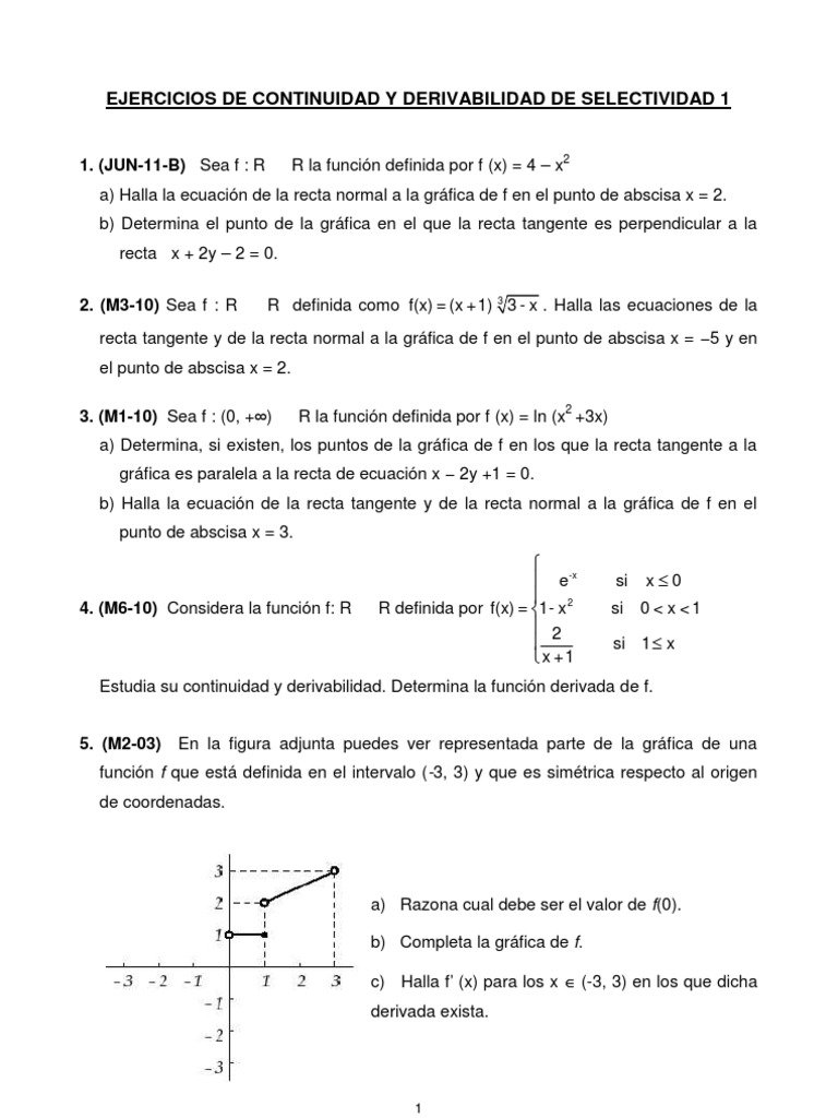 Ejercicios de Continuidad y Derivabilidad de Selectividad 1 PDF | PDF | Derivado | Línea (geometría)