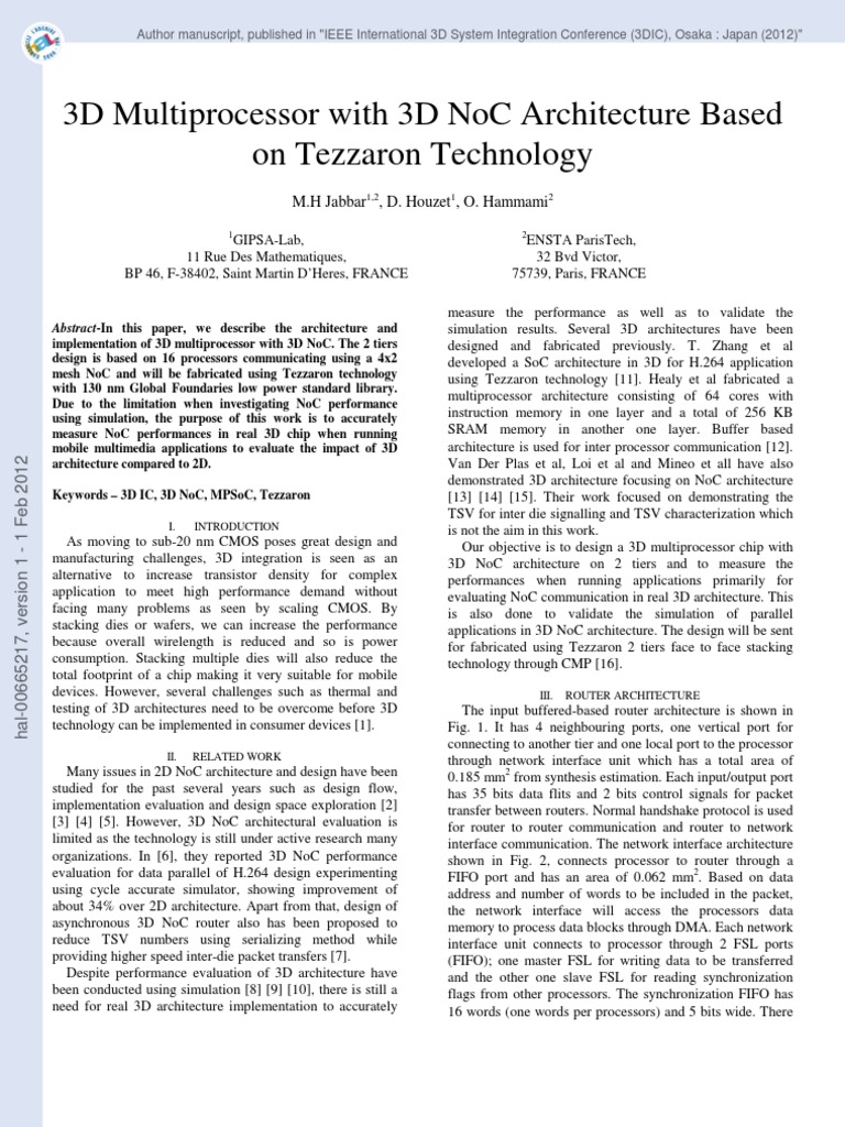 3D Multiprocessor With 3D Noc Architecture Based On Tezzaron Technology ...
