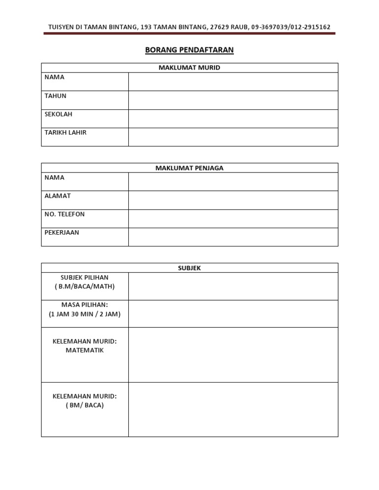 Borang Pendaftaran Tuisyen | PDF