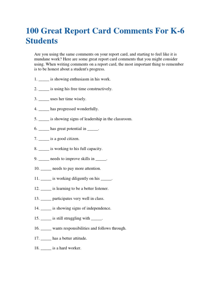 100 Great Report Card Comments For K | PDF | Homework | Educational ...