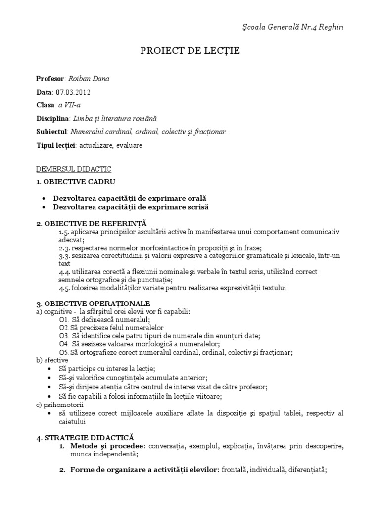 0 Proiect de Lectie Numeralul | PDF
