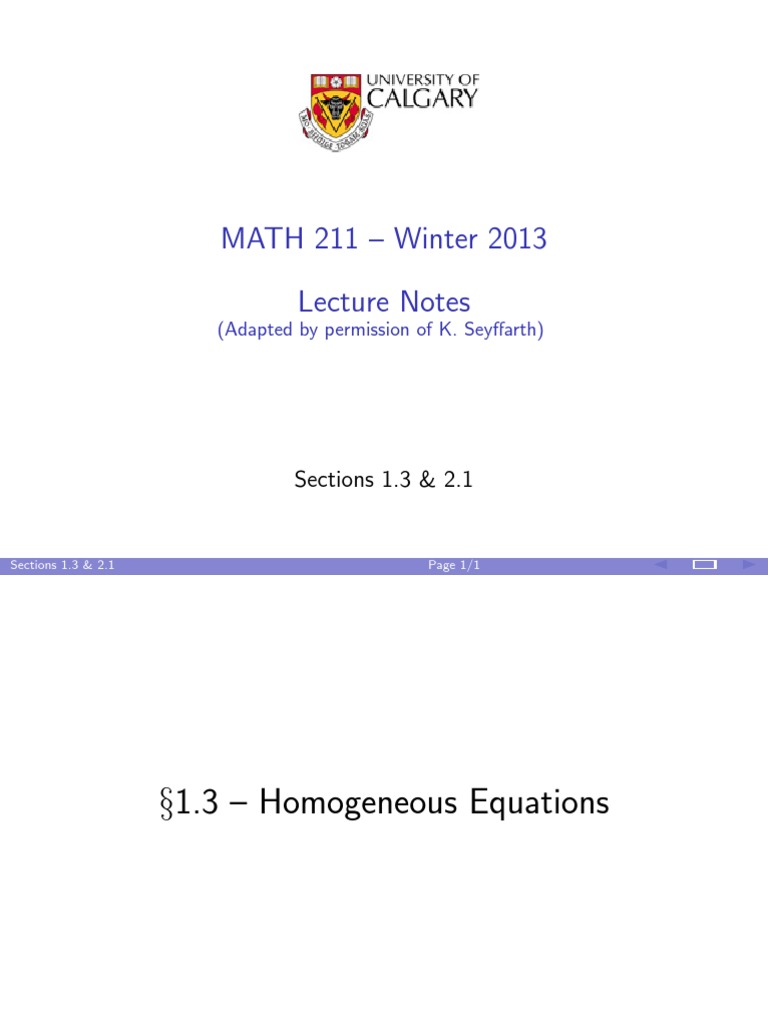 m211f2012 Slides Sec1.3 2.1handout | PDF | Matrix (Mathematics) | System Of Linear Equations