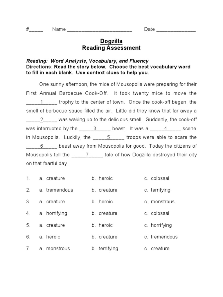 Dogzilla Reading Comprehension Quiz | PDF