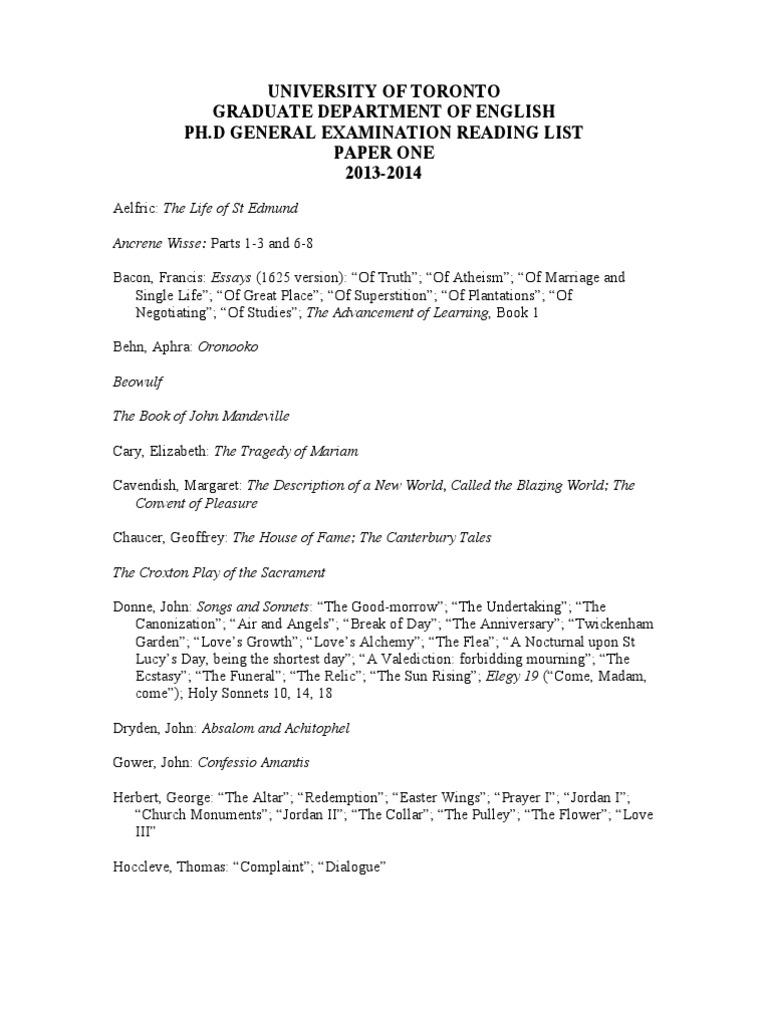 U of T PhD English Exam Reading List | PDF