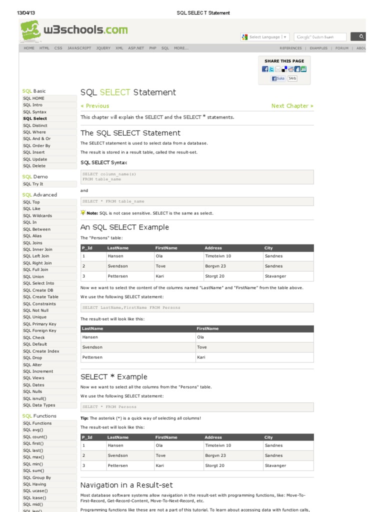 SQL Select Statement | PDF | Sql | Data Management