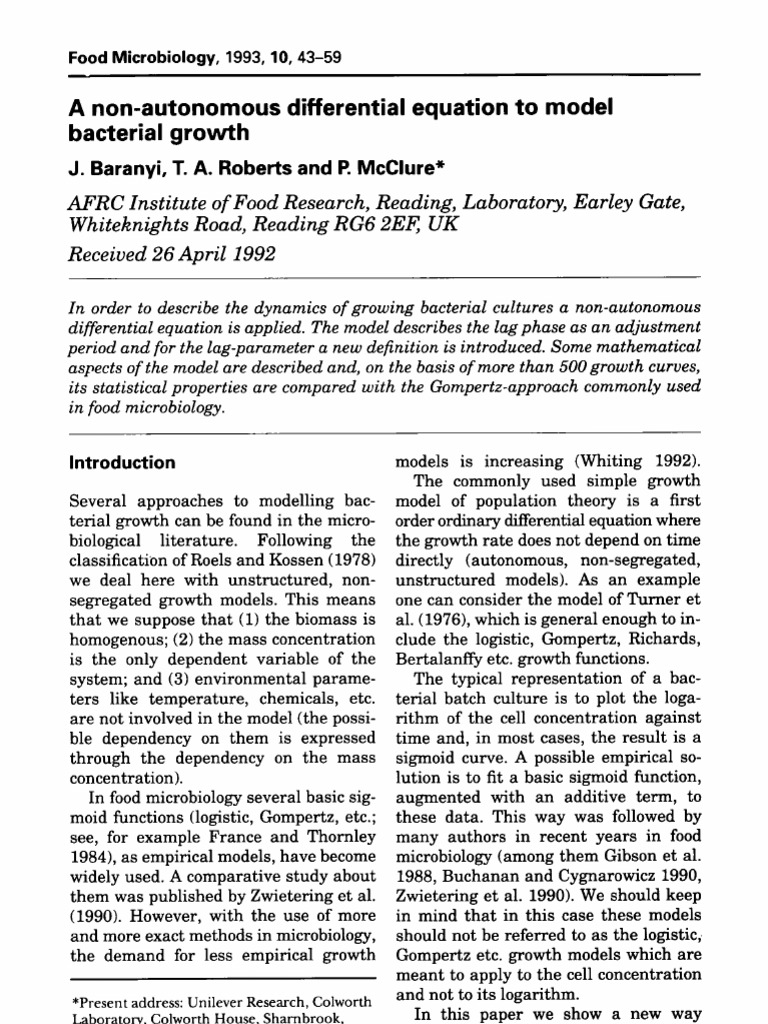 Baranyi Et Al 1993 A Non-Autonomous Differential Equation To Model ...