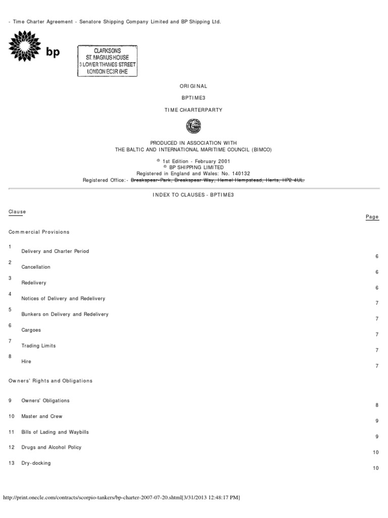 BP Time Charter Party Agreement | PDF | Bill Of Lading | Indemnity