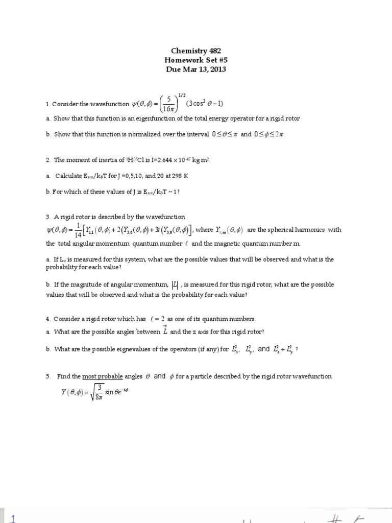 Chem 482 - HW 5 | PDF | Wave Function | Angular Momentum