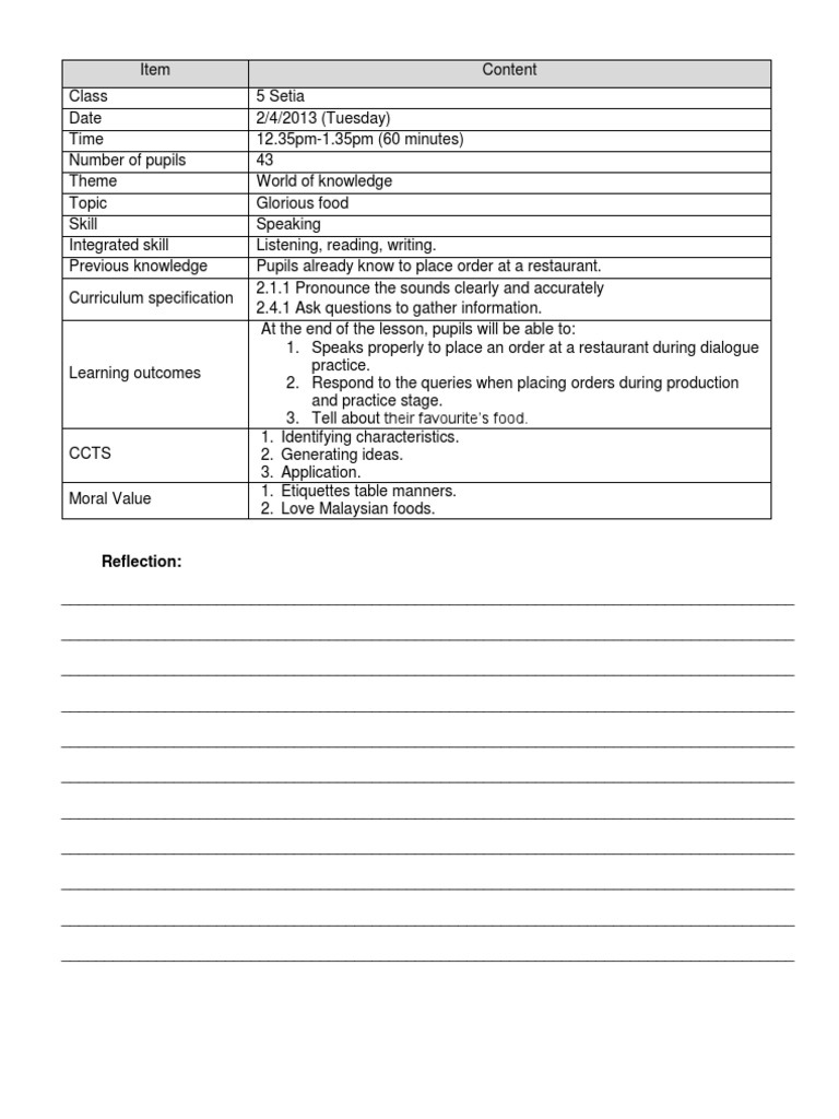 Year 5 Lesson Plan (Glorious Food) | PDF | Waiting Staff | Menu