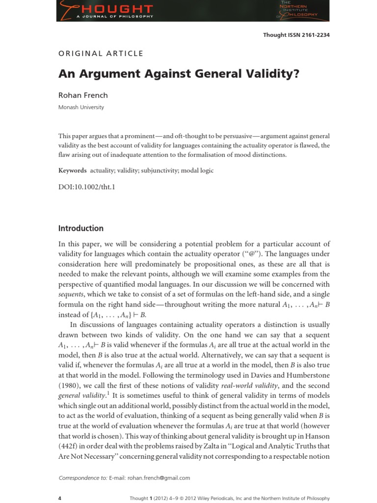 An Argument Against General Validity - Rohan French | PDF | Validity | Logic